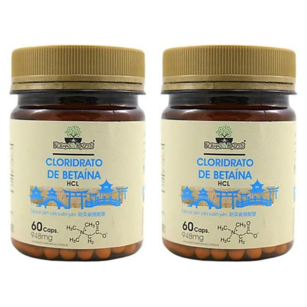 KIT 2UN - CLORIDRATO DE BETAÍNA 948MG - 60 CAPSULAS FOLHAS E RAIZES ...