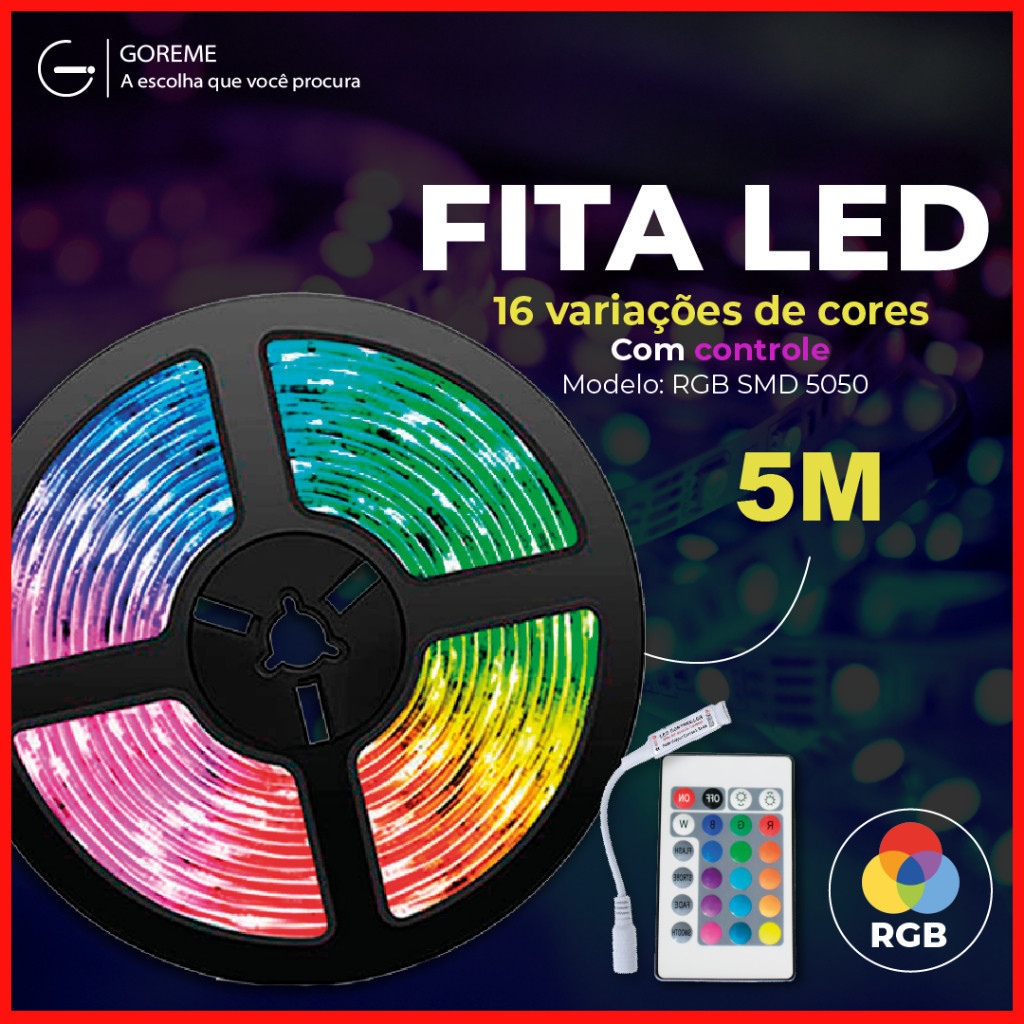 Fita LED 5050 SUPER LED ULTRA RGB 5M 12V 300 LEDS FITA + CONTROLE ...