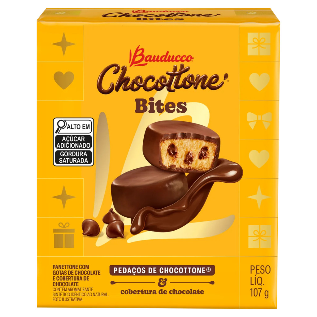 Pedaços De Panettone Cobertura Chocolate Ao Leite Bauducco Bites 107g