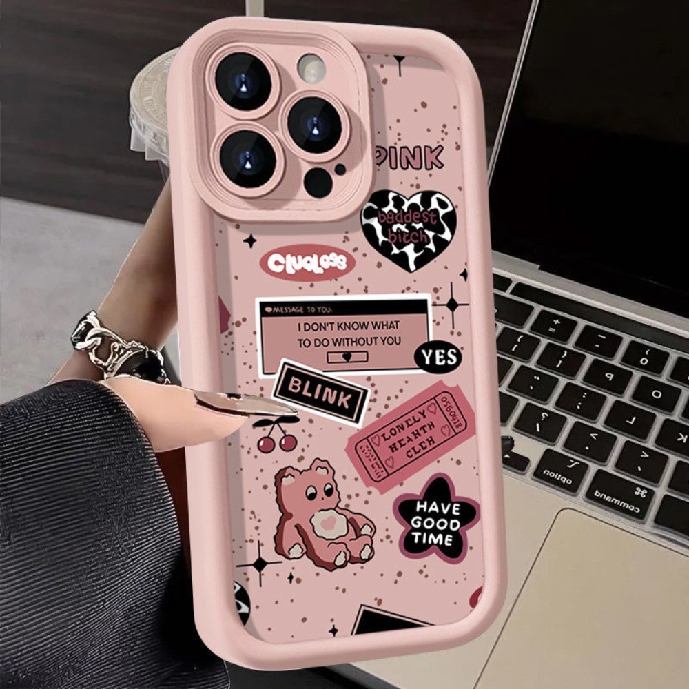 Capa Fofa Com Etiqueta De Urso Rosa Redmi Note 14 Pro Note13 12 11 10 10S 14C 13C 12C A3 A1 A2 ...