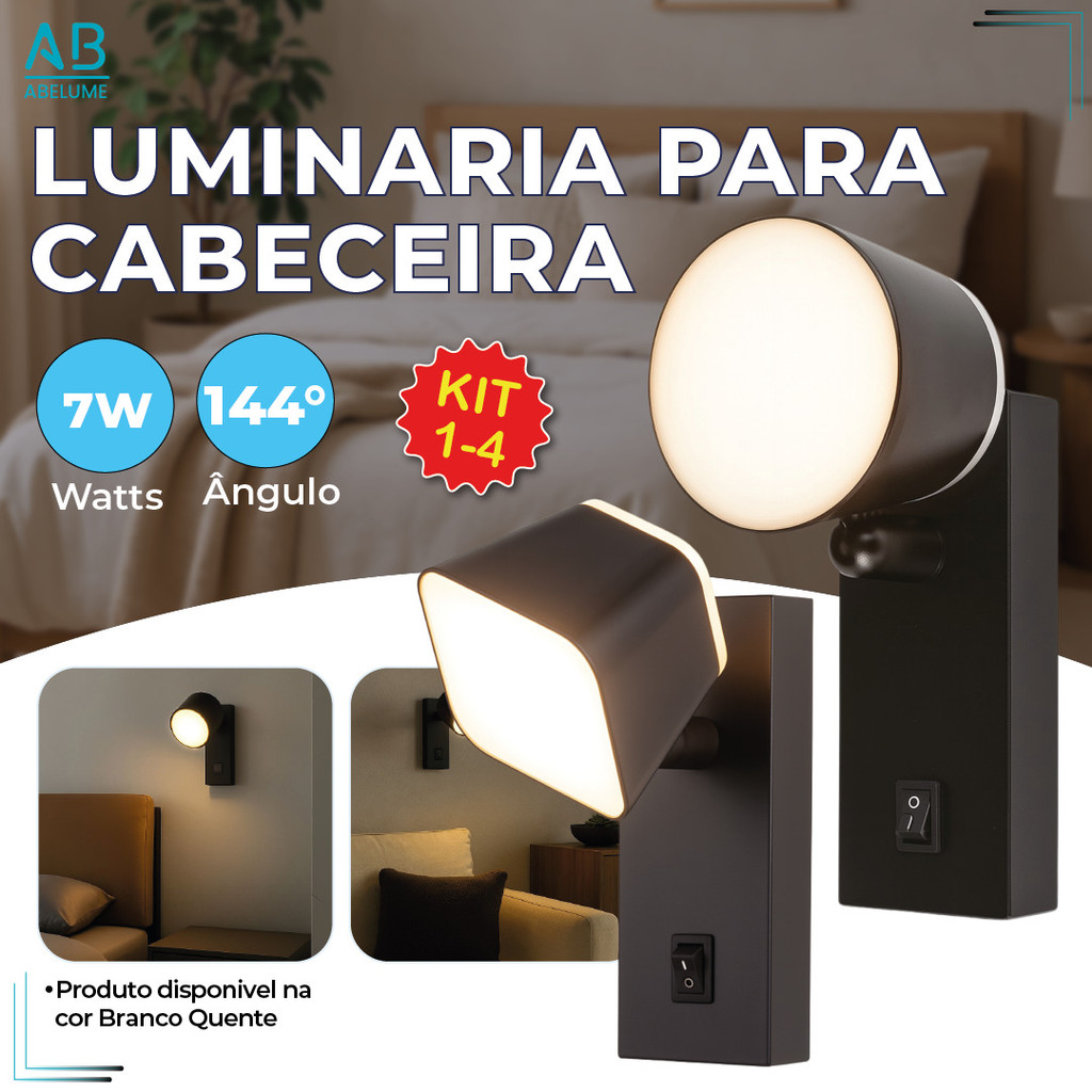 Kit 4 Luminária Arandela Spot para Cabeceira Led 7W Quadrada ou Redonda ...