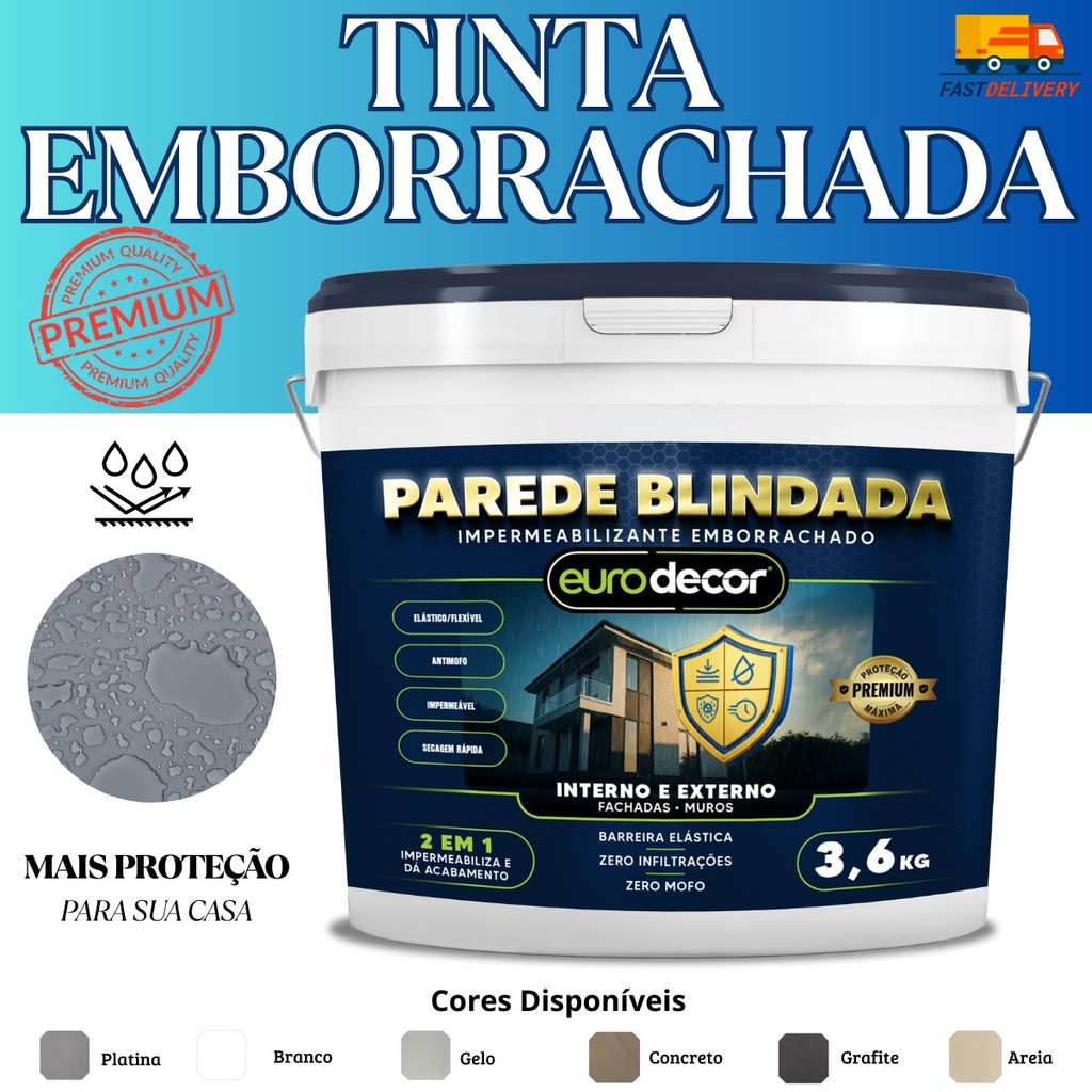 Tinta Emborrachada 3.6kg Parede Blindada Impermeabilizante Muros Fachadas e Paredes 1kg e 3.6kg ...
