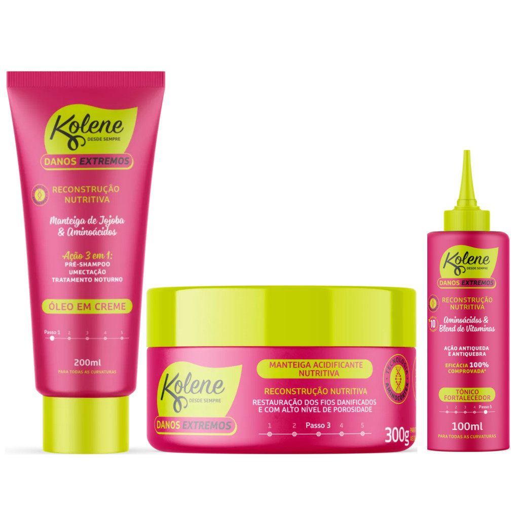 Kit Kolene Danos Extremos Reconstrução Nutritiva 2 Itens + Tônico ...