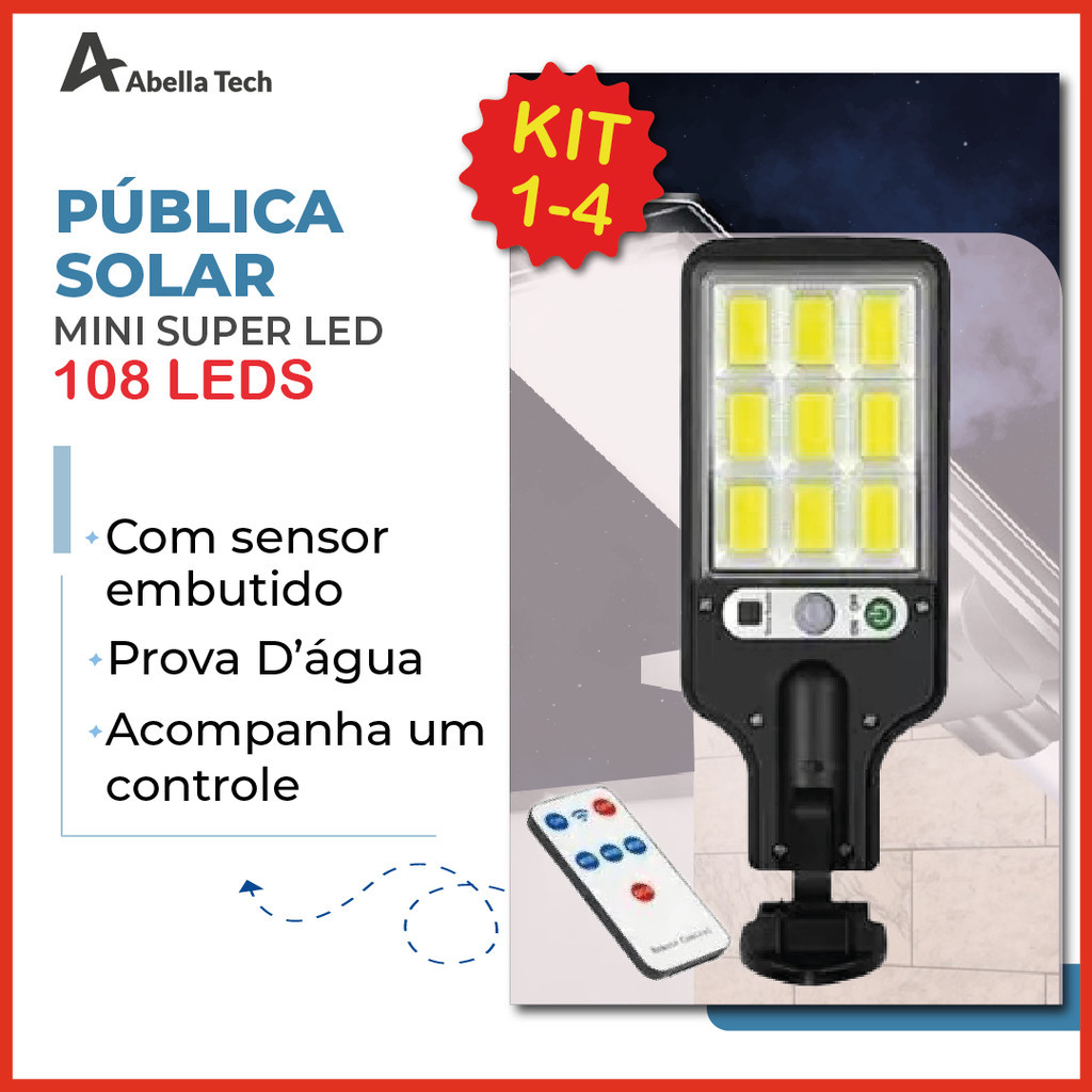 Luminária Pública Luz Solar Externo 108 LEDS Com Controle Remoto ...