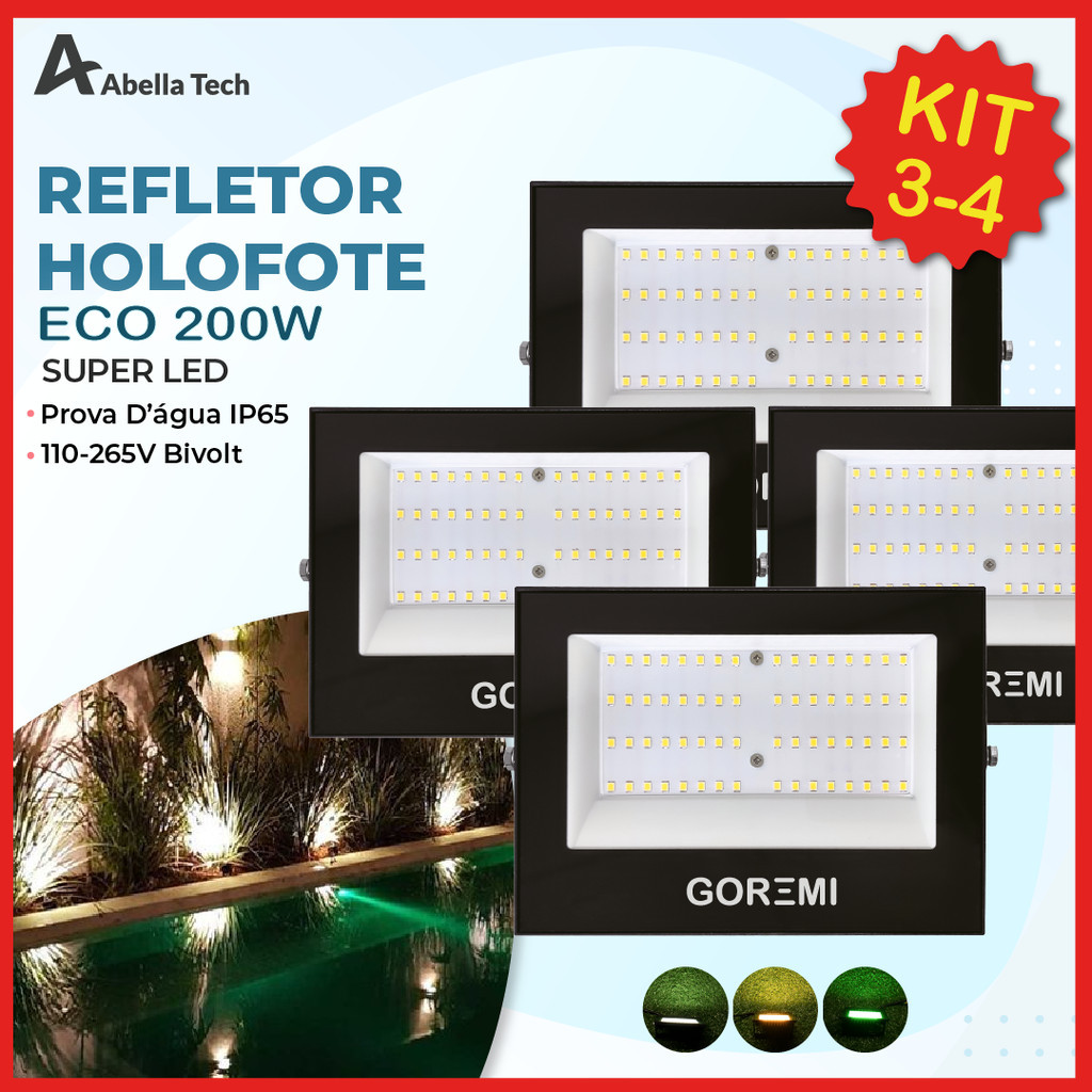 Kit 4 Holofote Refletor Led ECO Pro 200W Branco Frio (6500K) Branco Quente (3000K) Luz Verde ...