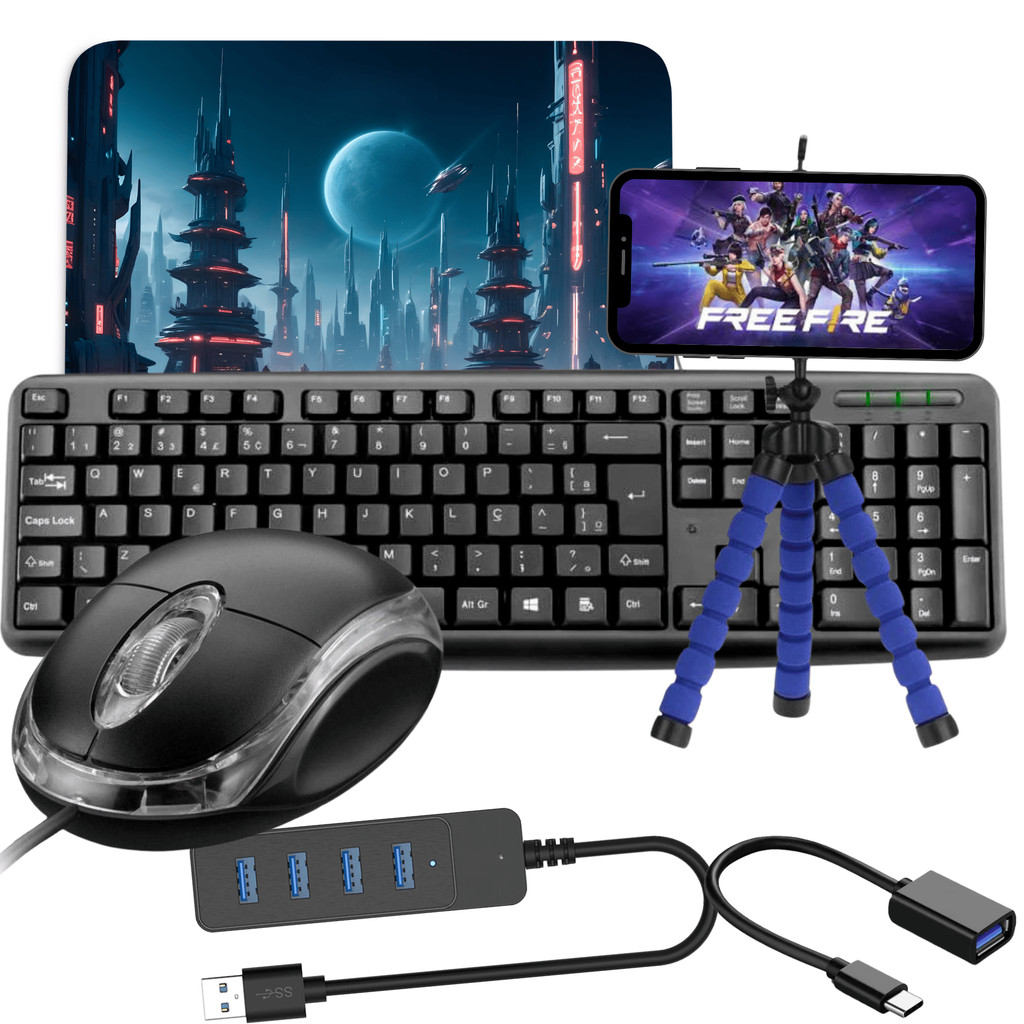 Kit gamer mobilador teclado mouse hub Cabo Otg C completo | Shopee Brasil