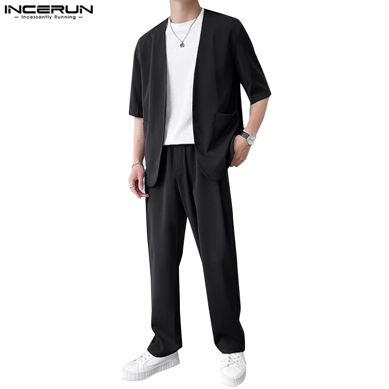 INCERUN Masculino Coreano Cor Sólida Sem Gola Manga Curta Casual Ternos ...