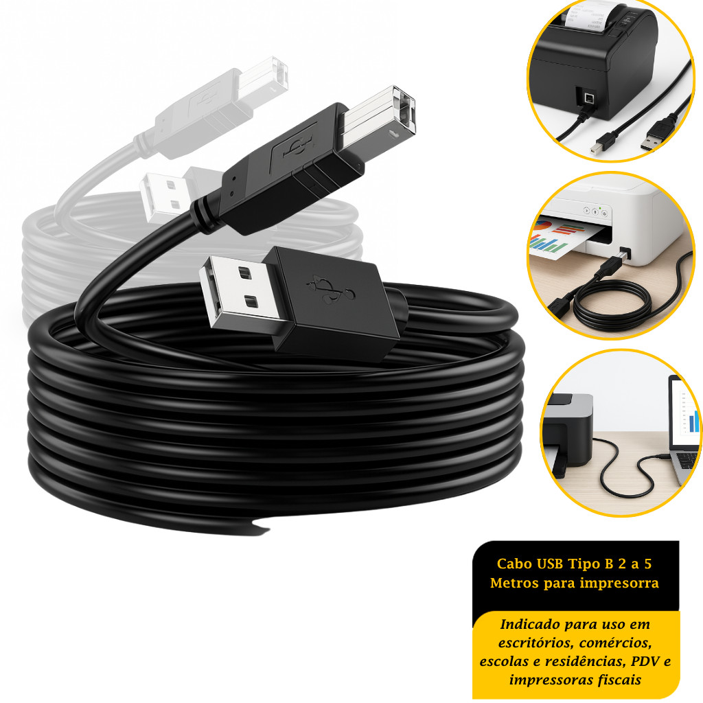 Cabo USB Tipo B 2 a 5 Metros Impressora Scanner Interface de áudio ...