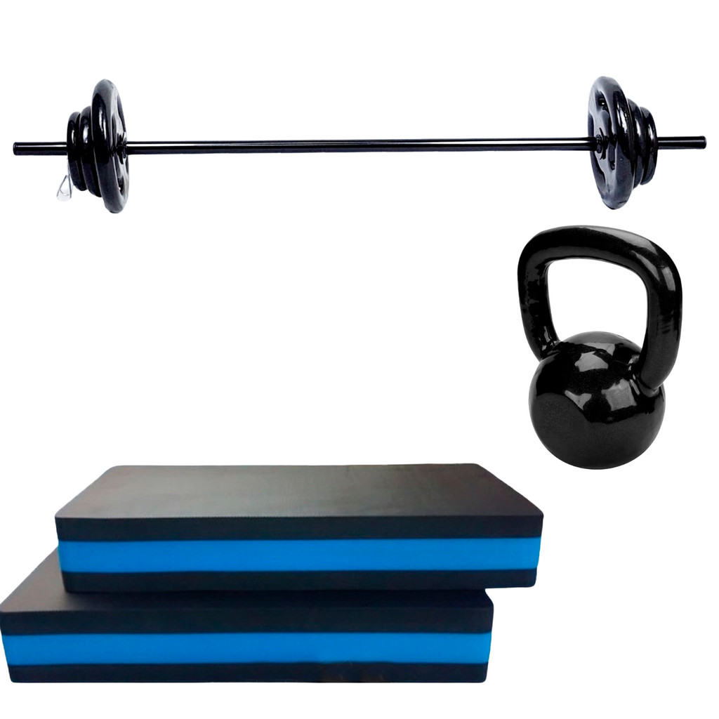 Kit Aeróbico Barra + 2 anilhas 10kg + Step + Kettlebell 6kg | Shopee Brasil