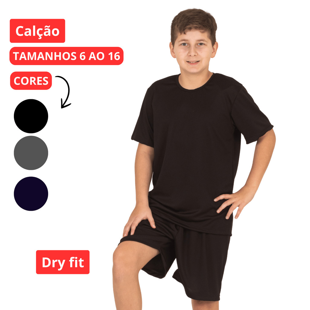 Calção Shorts de Futebol Infantil e Juvenil Dry Fit 6-8-10-12-14 e 16 ...