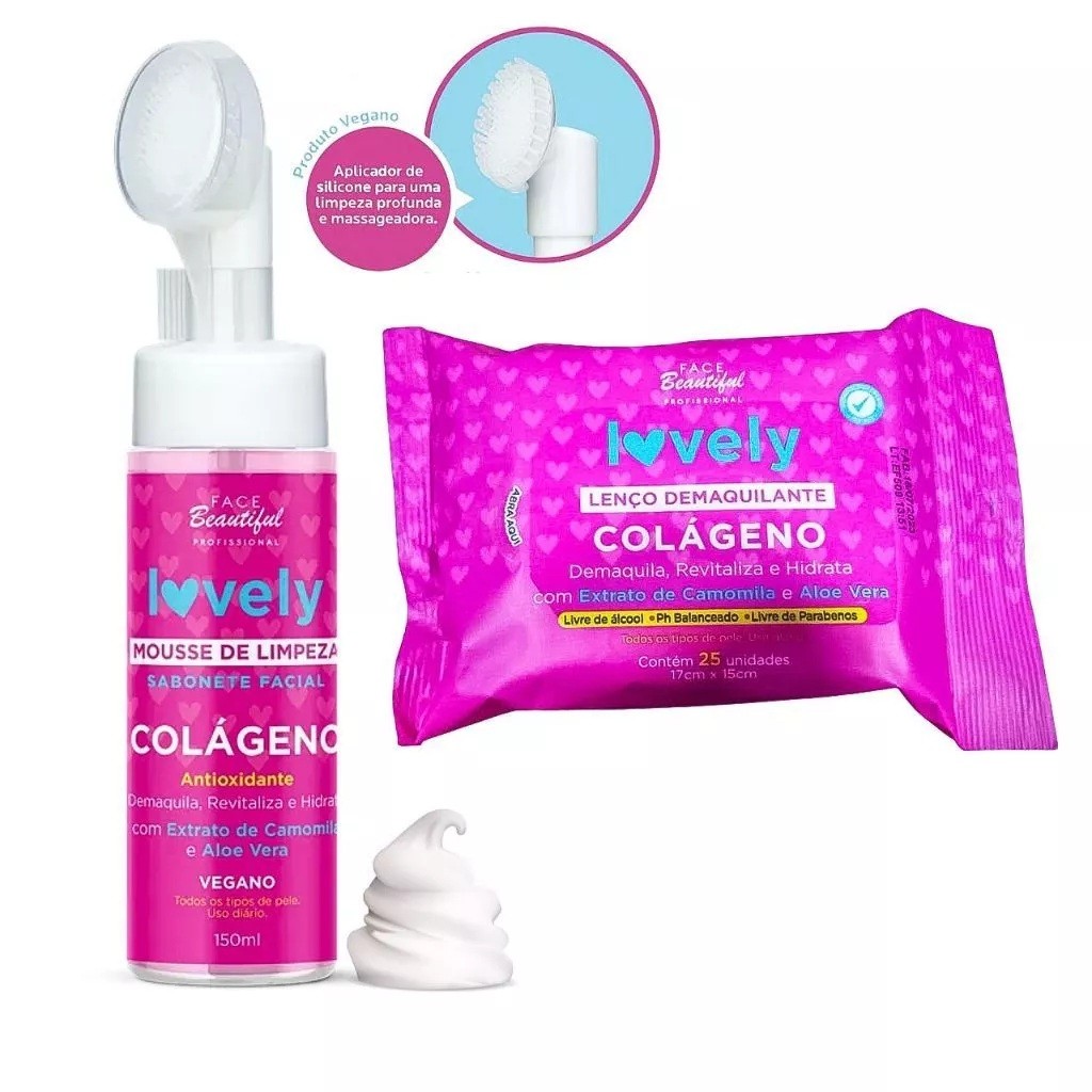 Kit Skin Care Mousse Facial Colágeno + Lenço Demaquilante Face ...
