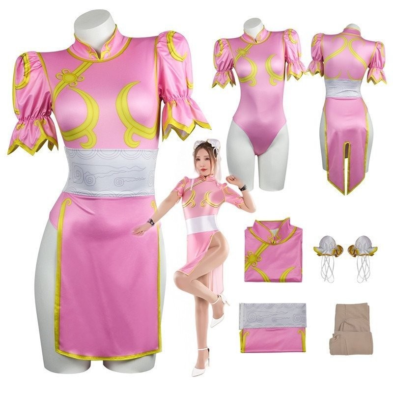 Fantasia de Cosplay de Street Fighter Chun-Li Sutorito Faita Vestido Cheongsam Rosa para ...