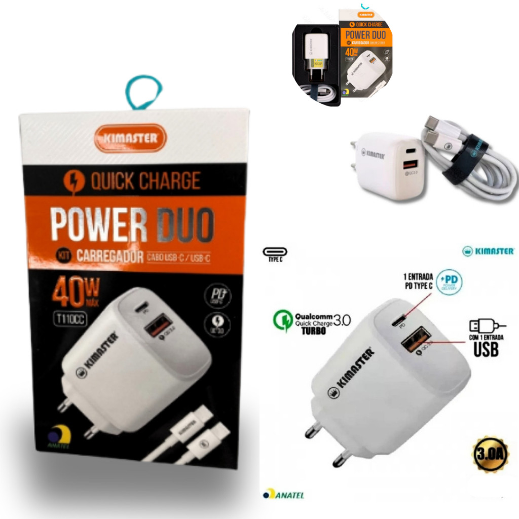 Carregador Turbo 40W KIMASTER Cabo 1m Tipo-C Lightning USB ANATEL ...