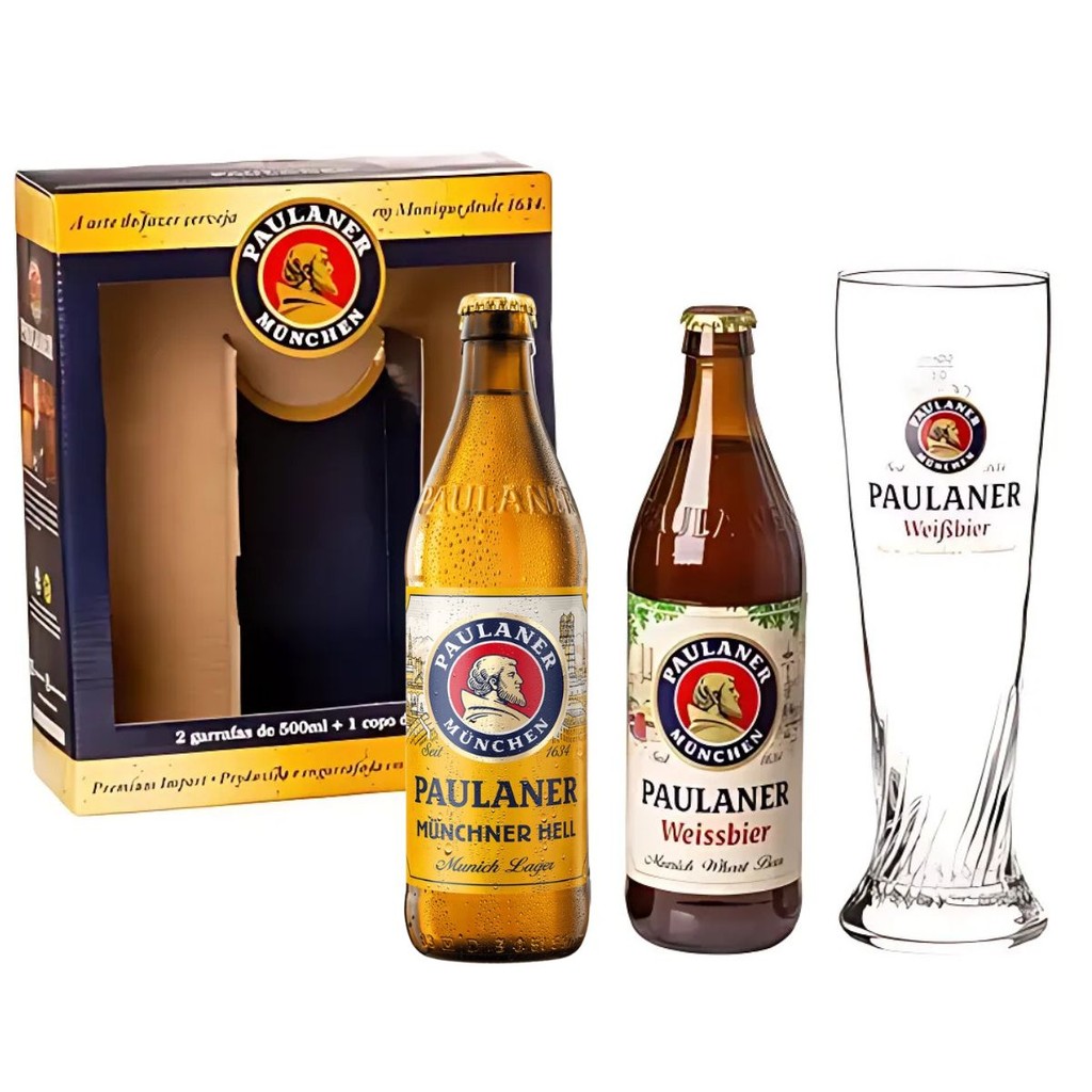 Kit Cerveja Paulaner Weissbier e Munchner Hell 500 ml + 1 Copo Vidro ...