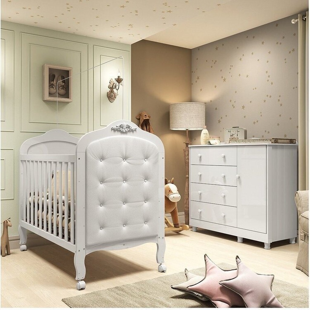Quarto de Bebê com Cômoda 1 Porta 4 Gavetas e Berço Capitonê 100% Mdf ...