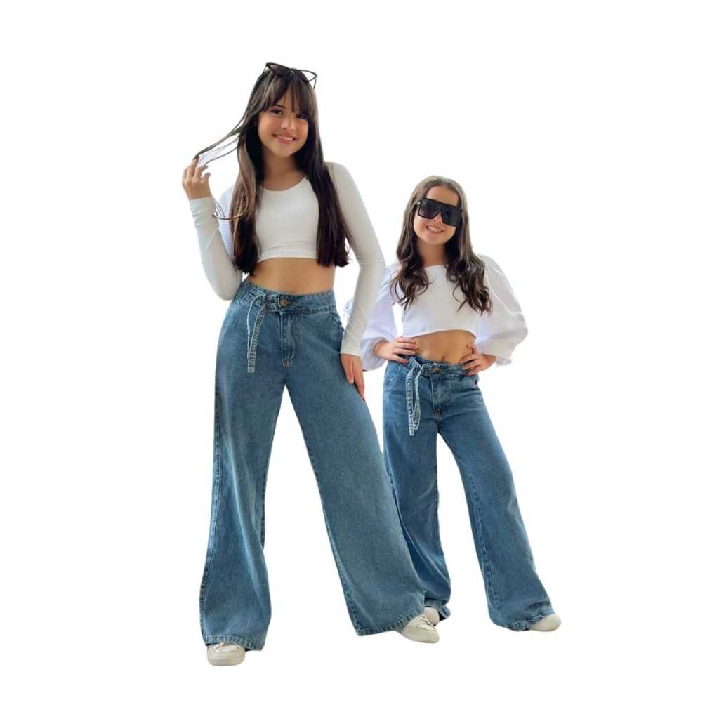 Calça jeans lisa menina wide leg detalhes com fivela na cintura ...