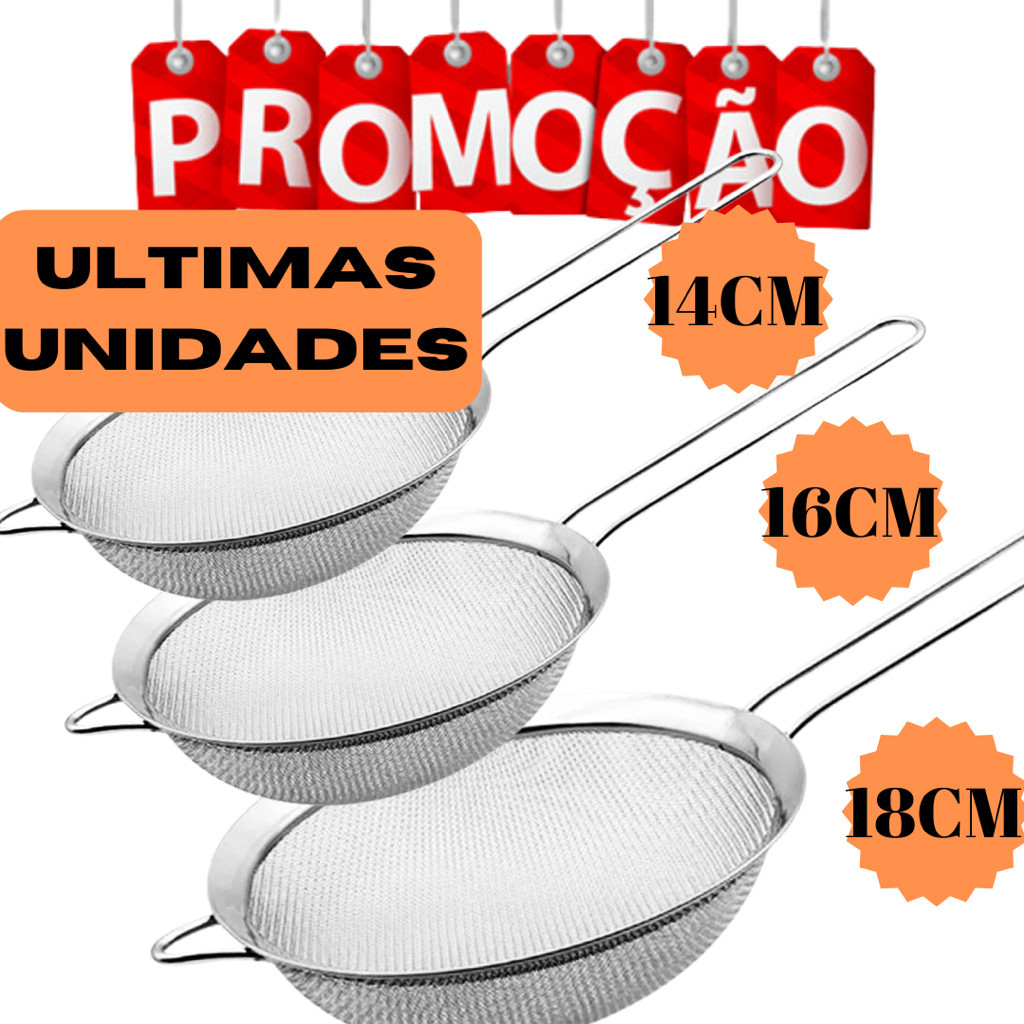 kit 03 Peneira Coador 100% Inox Tamanha 14' 16' 18' Ideal Para Cozinha ...