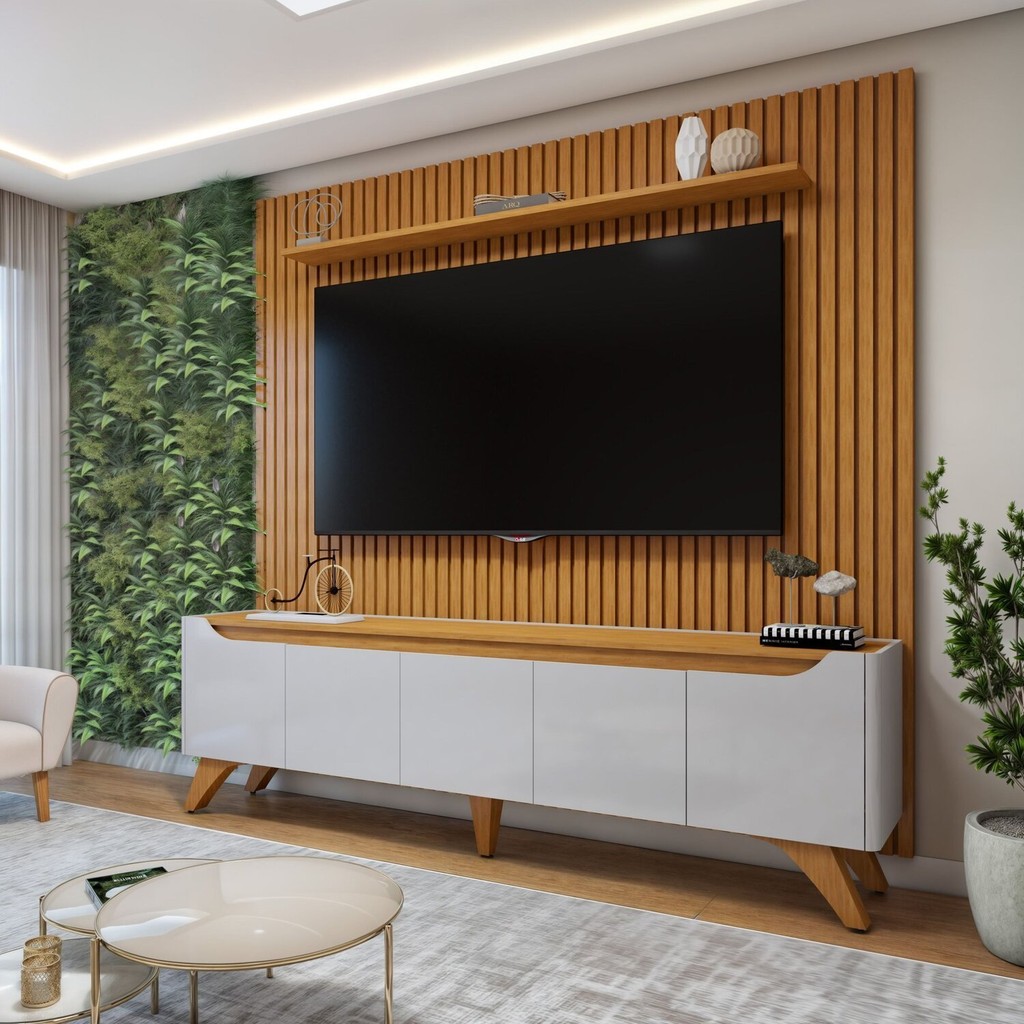 Conjunto Rack Grécia 220cm com Painel Ripado para Tv de até 75 Polegadas Paris Off White ...