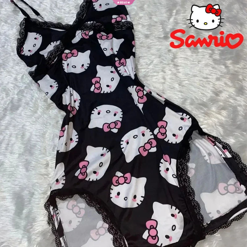 Sanrio Hello Kitty Feminino Sexy Pijamas Verão Renda Suspender Com Decote Em V Sem Mangas ...