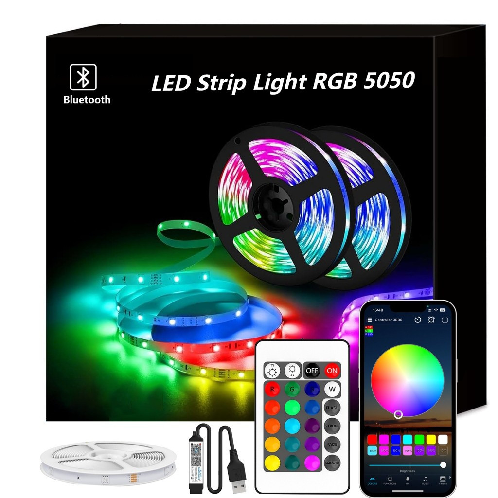 Fita LED Flexível 1M-20M Bluetooth 5050 IP20 RGB Diodo Adaptador ...