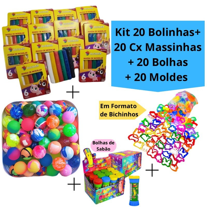 Kit 20 Cx Massinha de Modelar + 20 Bolhas de Sabão + 20 Bolinhas + 20 Cortador Molde ...