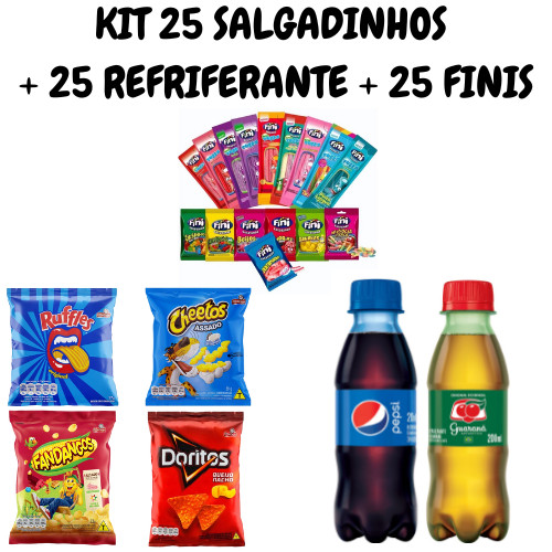 KIT 25 SALGADINHOS ELMA CHIPS + 25 REFRIGERANTES 200ml + 25 FINIS ...