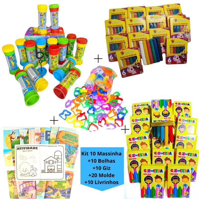 Kit 10 Cx Massinha de Modelar + 10 Bolha Sabão+ 10 Cx Giz Cera +20 ...