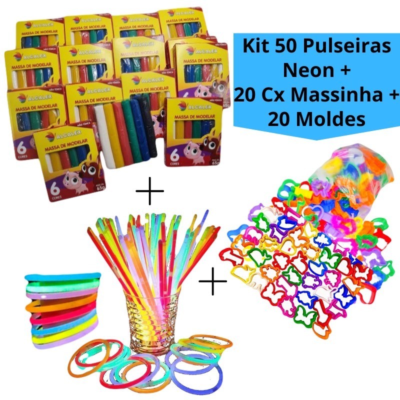 Kit 50 Pulseiras + 20 Cx Massinhas + 20 Moldes Forminhas Sortidas Kit ...