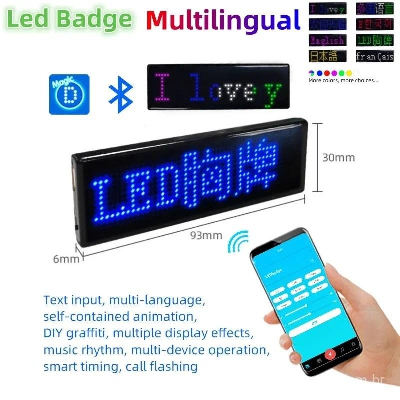 Crachá digital multilíngue LED recarregável USB DIY programável texto ...