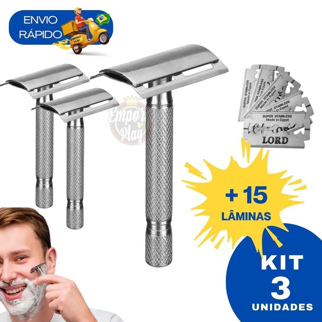 Kit 3 Aparelho Barbeador Metal Clássico Manual Retrô Com 15 Lâminas ...