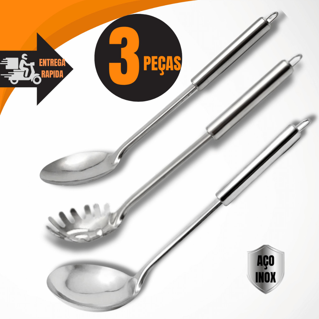 kit Jogo Utensílios Cozinha 3 Peças Colher Arroz Concha Feijão Pegador ...