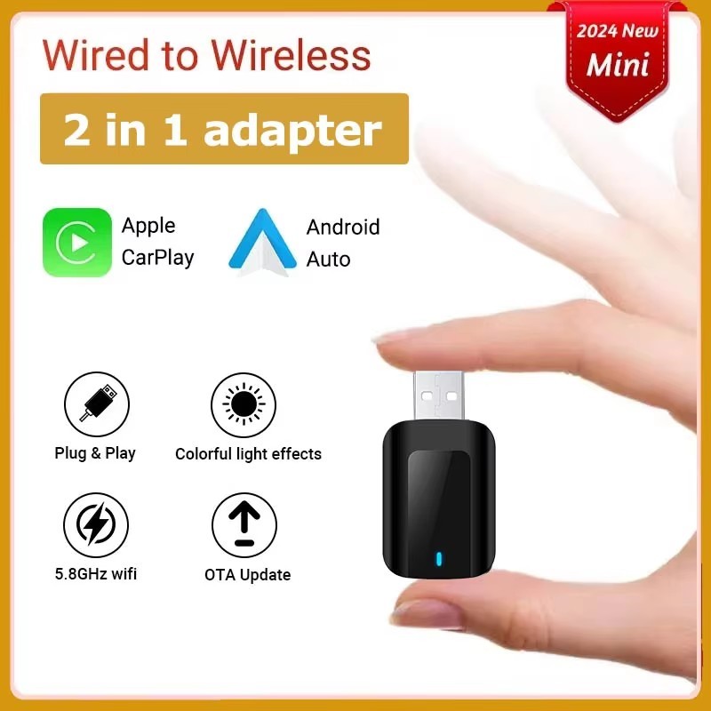 Adaptador 2 Em 1 Sem Fio CarPlay BOX Para Rádio De Carro OEM Com USB/Tipo C Plug and Play Smart ...