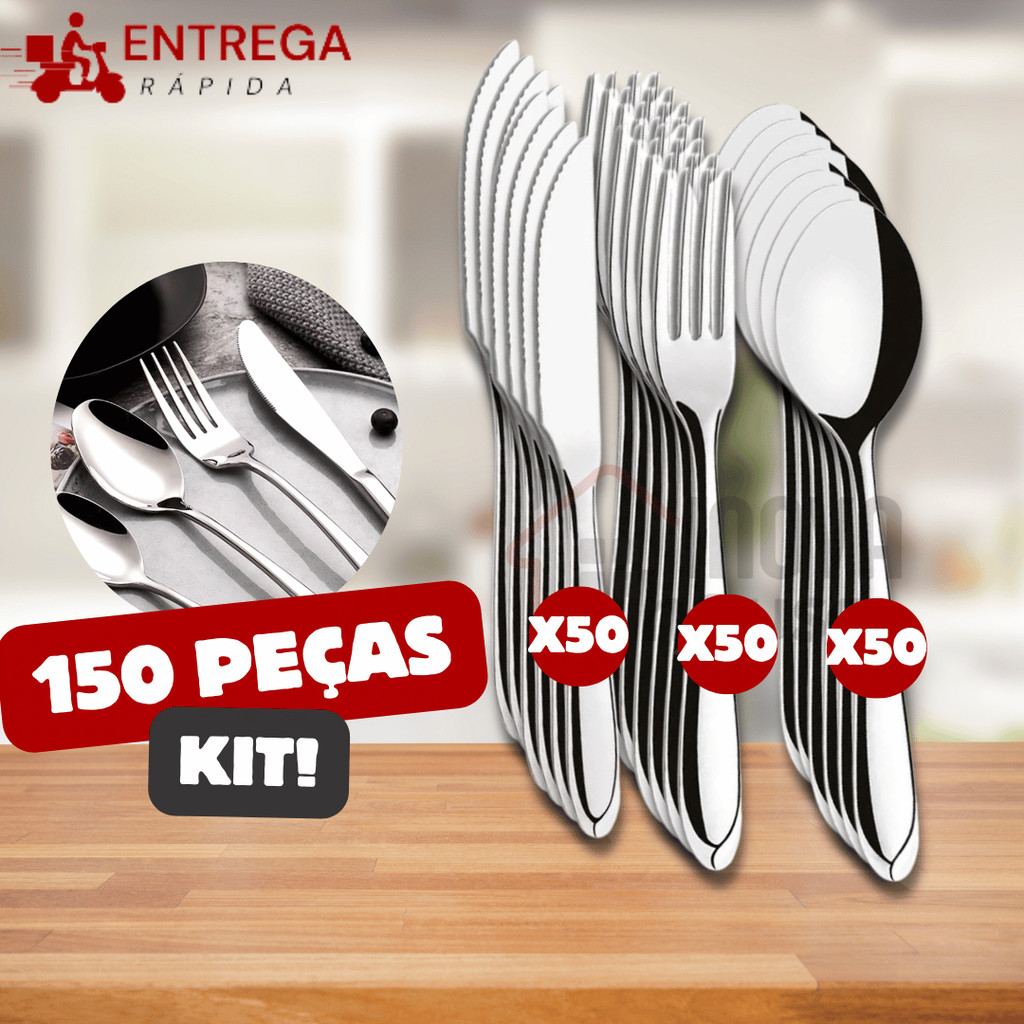 Kit 150 Talher de Inox 50 Garfos 50 Colheres 50 Facas com Serra sem ...