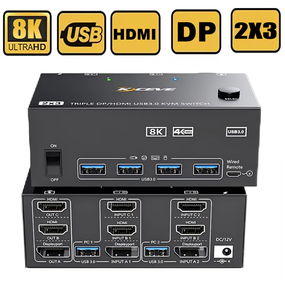 Switch KVM HDMI USB3.0 , 3 Telas , 2 Computadores , 8K @ 60 Hz 4K 144 , Displayport E Dual ...
