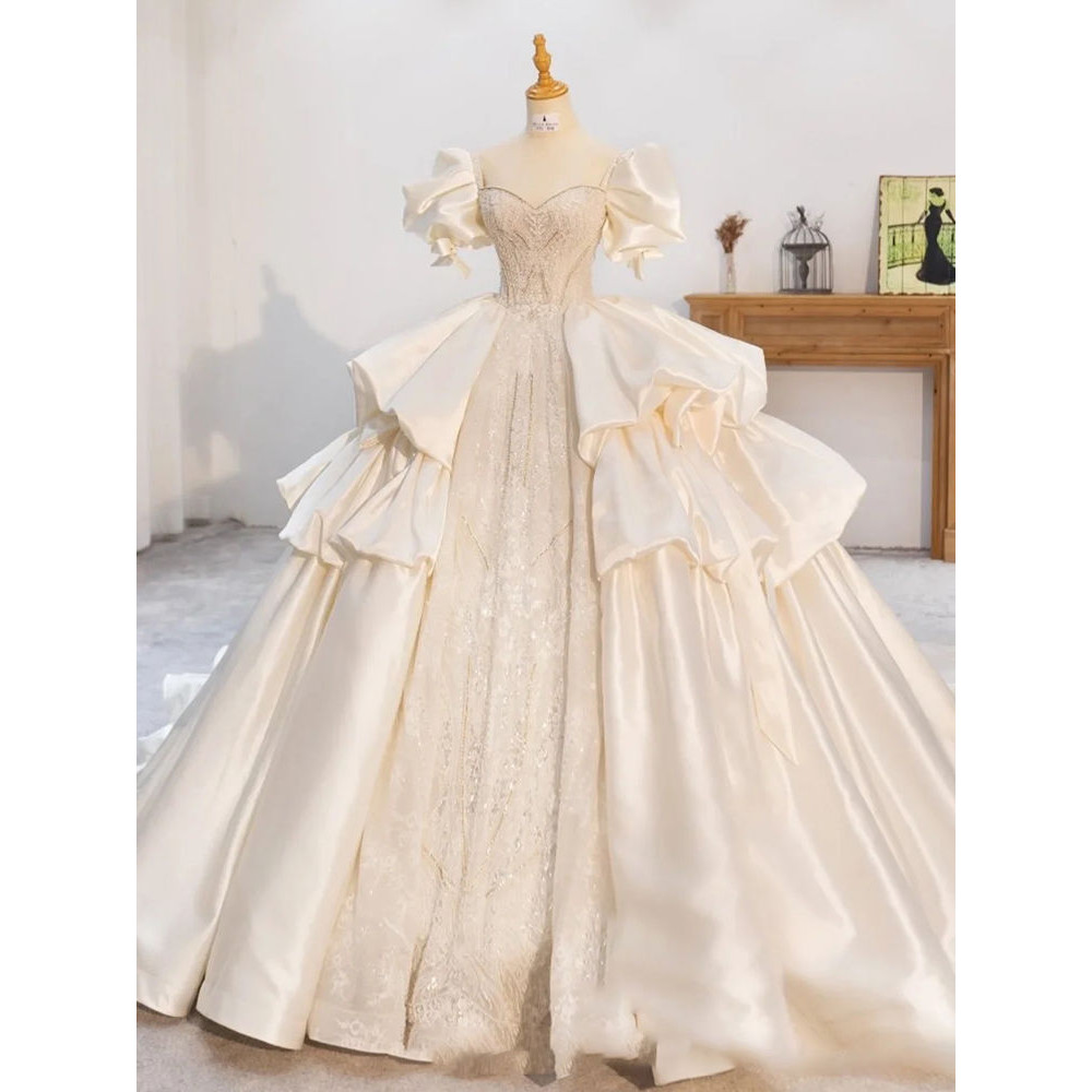 Vestido de casamento de cetim francês 2024 novo estilo nupcial luz luxo ...