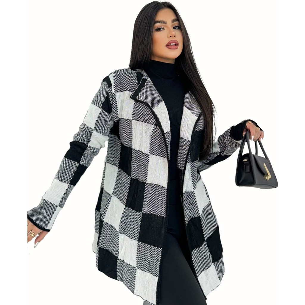 Sobretudo Kimono Xadrez Tricot Grosso Inverno | Shopee Brasil