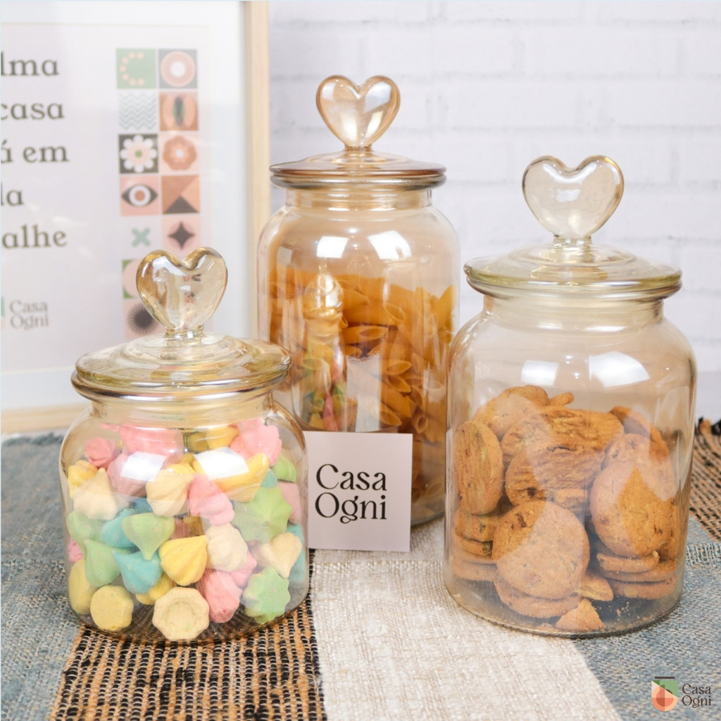 Pote de Vidro Hermético Âmbar Coração Decor Afeto Porta Mantimentos ...