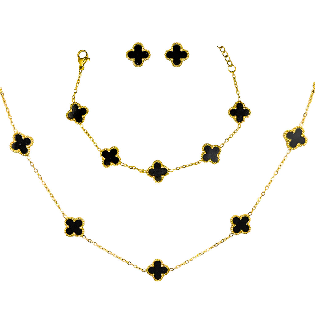 Kit Colar Choker Pulseira E Brinco Trevo Preto Gargantilha Sorte Luxo ...