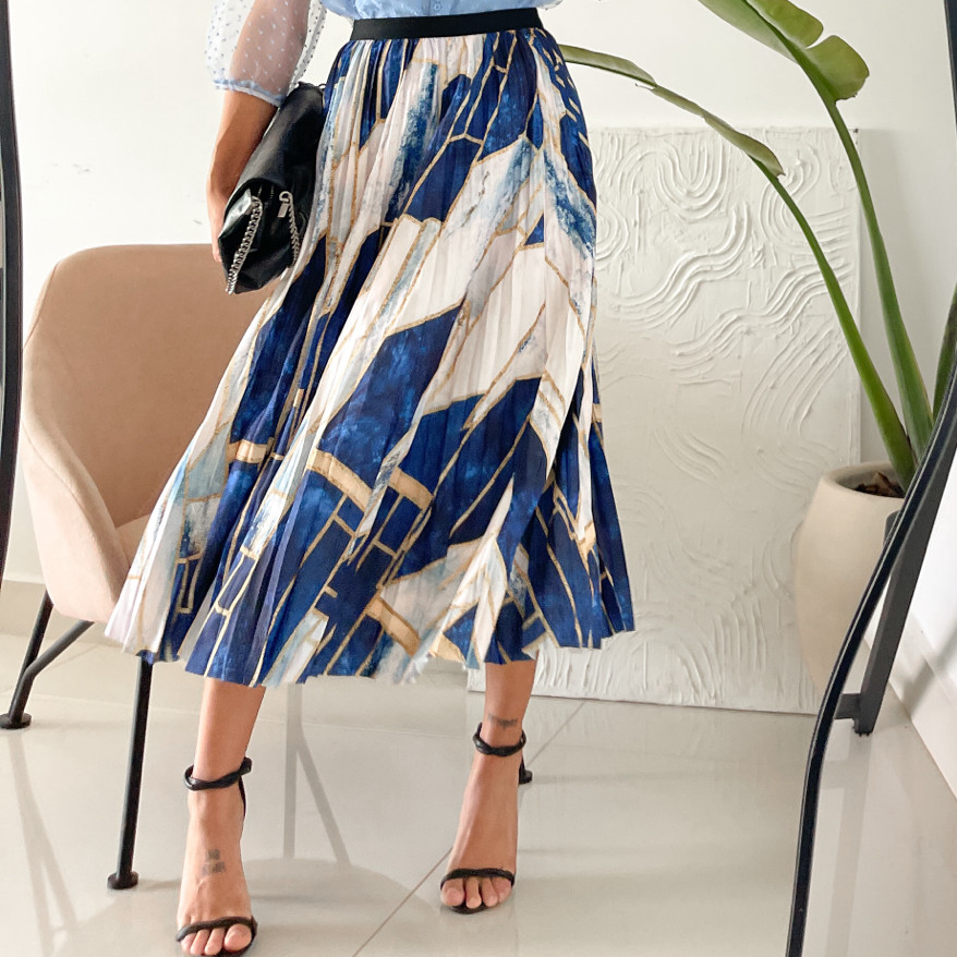 Saia Midi Plissada Estampada Cós de Elástico | Shopee Brasil