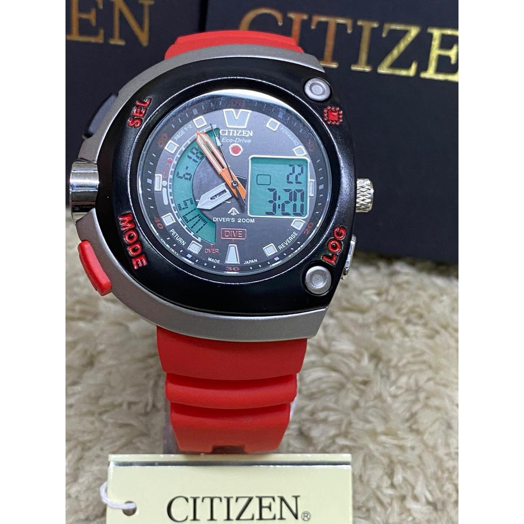 Relógio Citizen Meia Lua Aqualand Laranja Preto Analógico Digital | Shopee Brasil