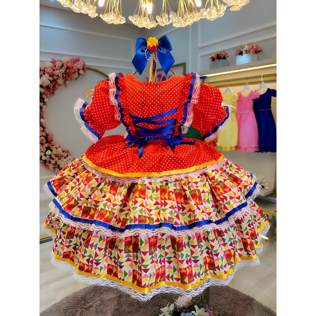 Fantasia Junino Arraiá Vermelho e Saia C/ Babados Coloridos (2964VM ...