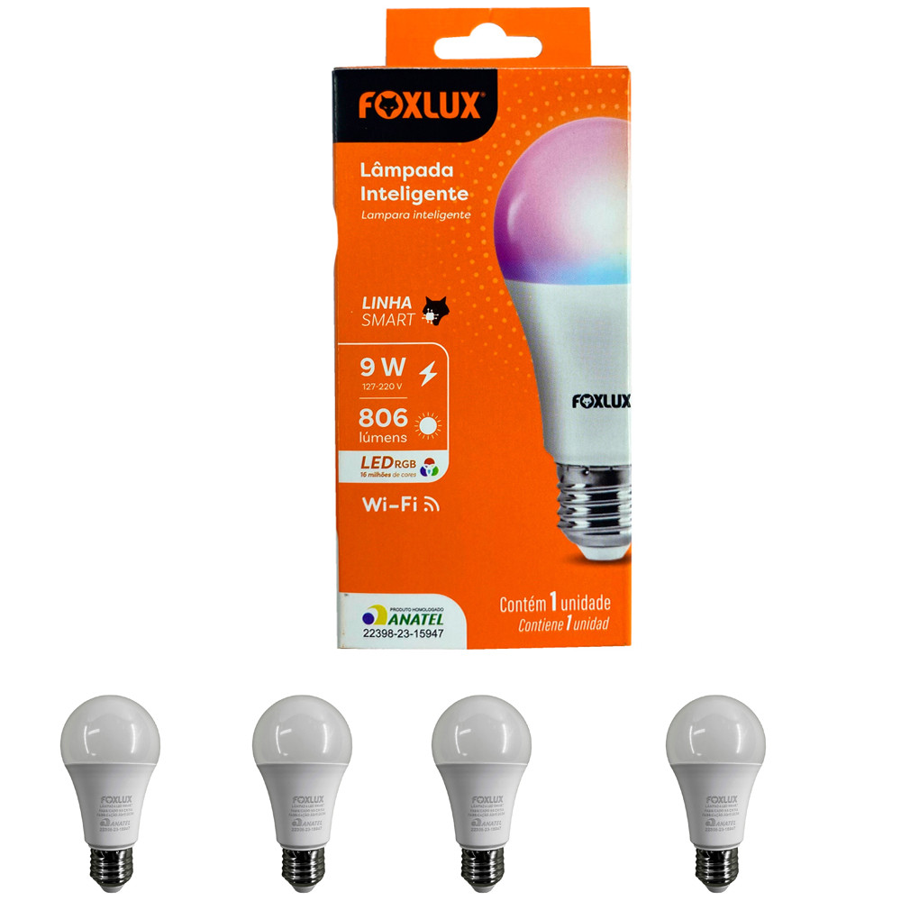 Kit 4 Lâmpada Inteligente Foxlux RGB 9W Wifi Smart Color Bivolt ...