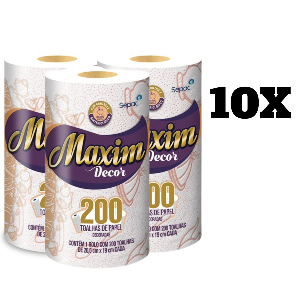 Kit 10 Rolos Papel Toalha Maxim Decor 200 Toalhas Decoradas 20,5cm x ...