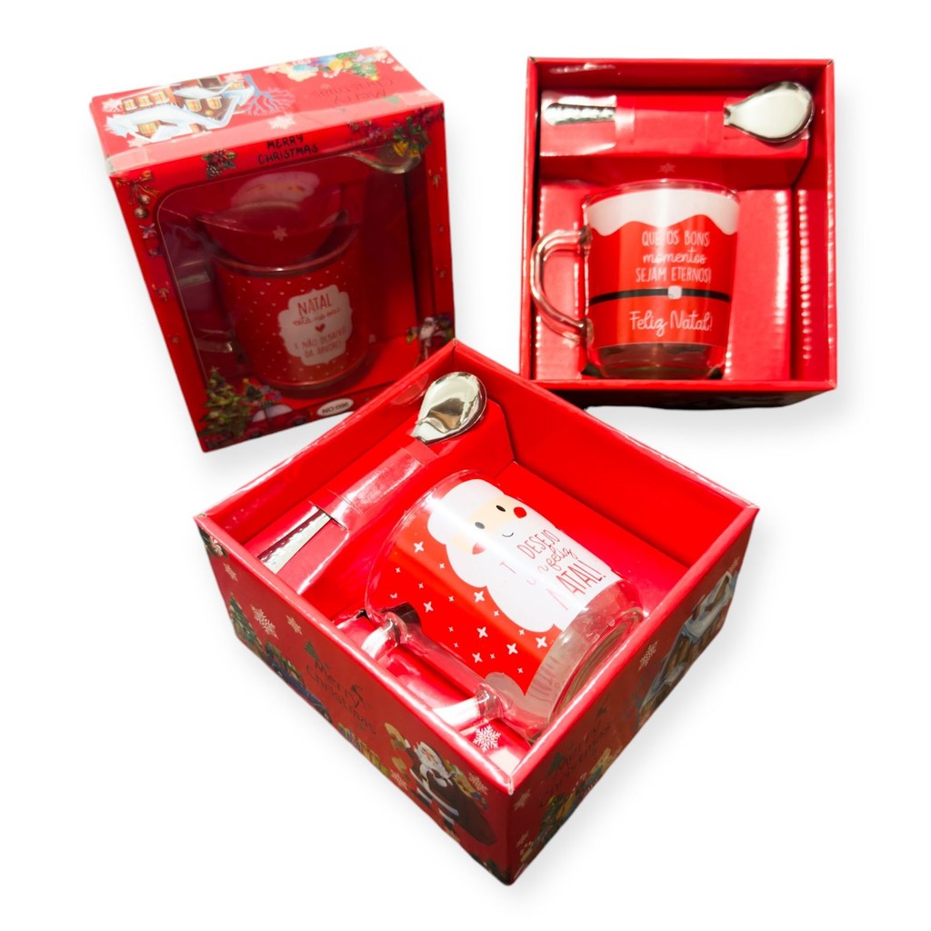 Kit caneca de vidro 250ml com colher de metal - presente de natal ...