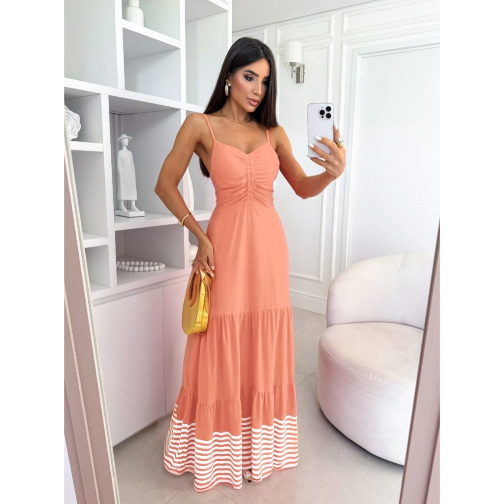 Vestido Longo Estampado Listra Franzido Alça Regulável COD:219Est ...