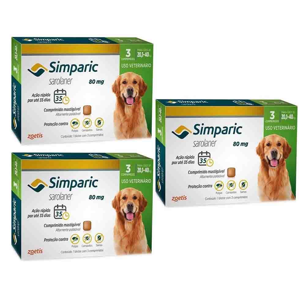 Kit 3x Simparic 80 mg Cães 20,1 a 40 kg 3 comp - Antipulgas | Shopee Brasil