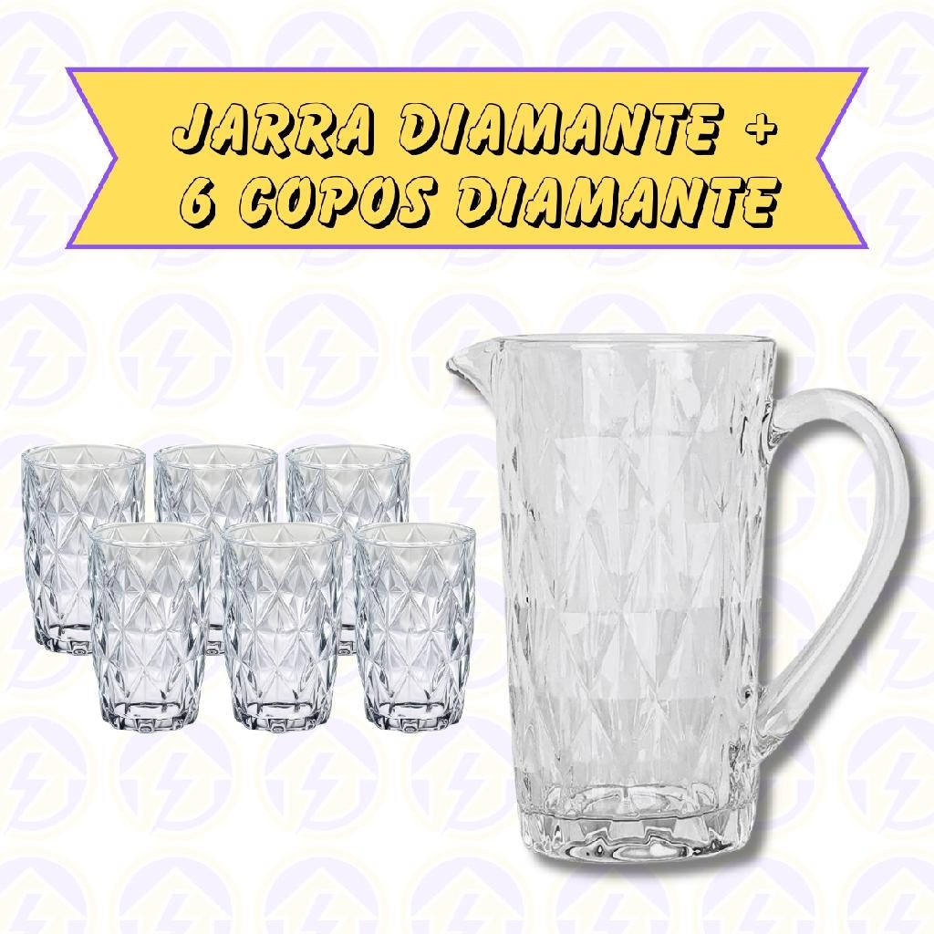 Conjunto 6 Copos 370ml 1 Jarra 1L Resistente Diamante Servir | Shopee Brasil