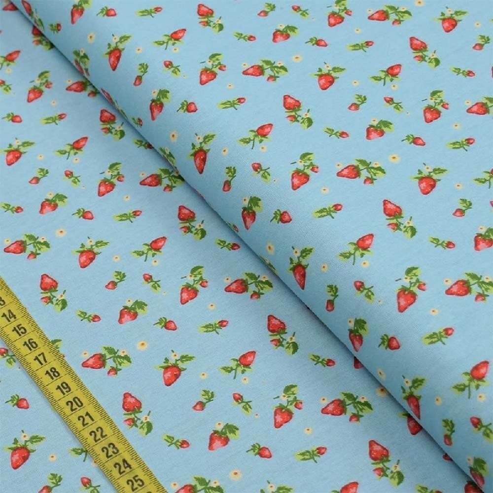 Tecido Estampado para Patchwork - Fresa : Morango com Flores Fundo Azul ...