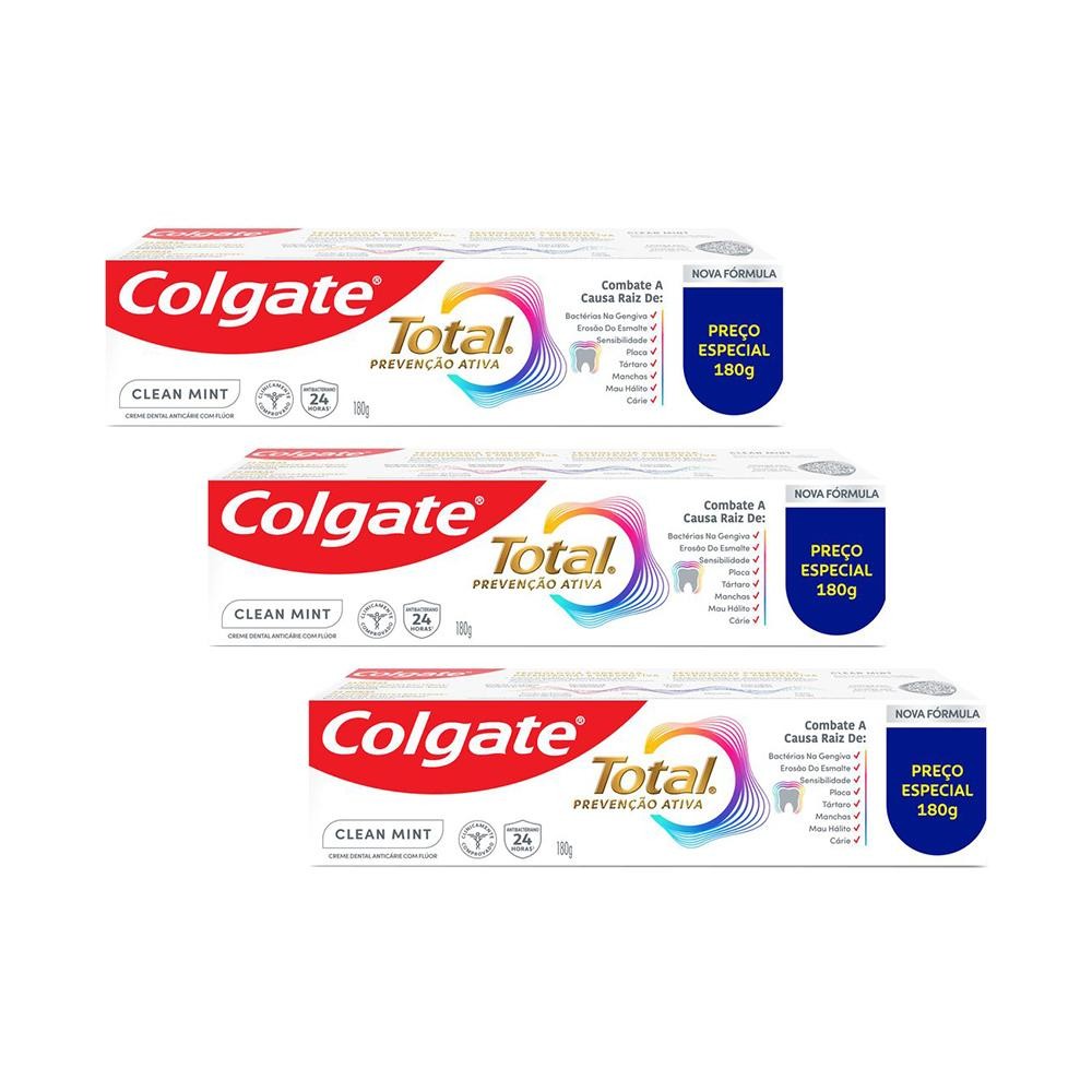 Kit 3 Creme Dental Colgate Total 12 Clean Mint 180g cada | Shopee Brasil