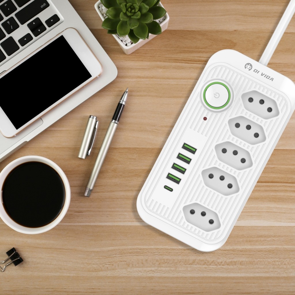 Filtro De Linha Clamper Extensão Cabo Extensor 2 Metros 5 Tomadas + 4 USB E 1 USB Tipo C 110/220 ...